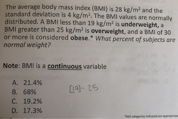 Solved The average body mass index (BMI) is 28 kg/m2 and the | Chegg.com