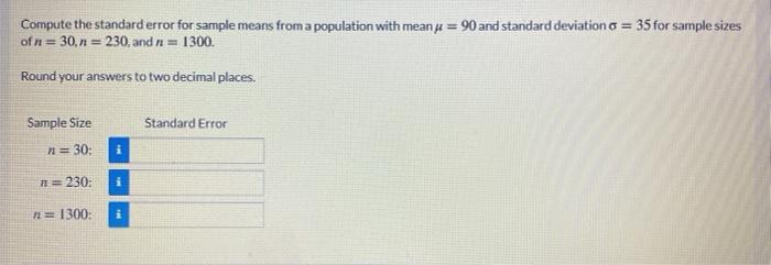 Solved Compute the standard error for sample means from a | Chegg.com