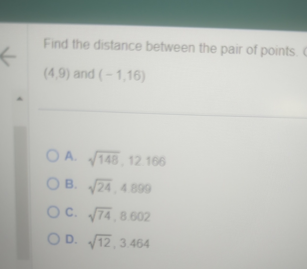 Solved Find the distance between the pair of points.(4,9) | Chegg.com