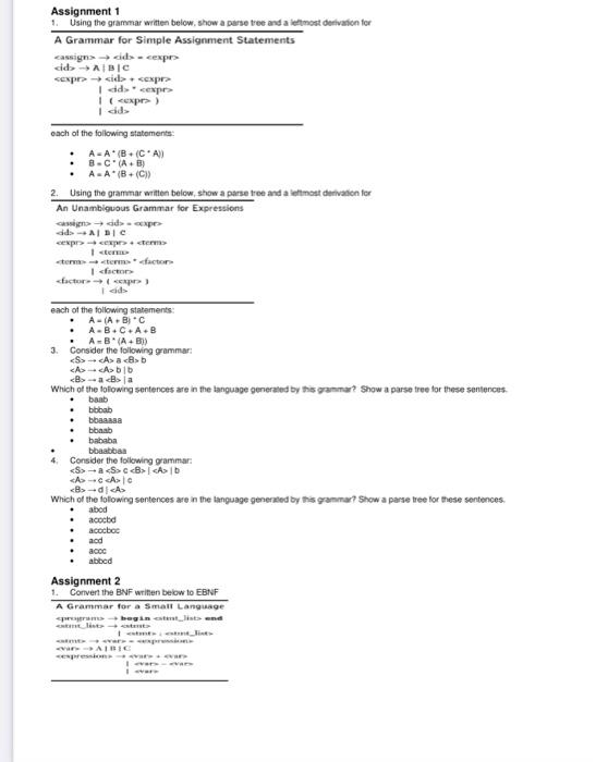 Solved Assignment 1 1. Using the grammar witten below.show a | Chegg.com