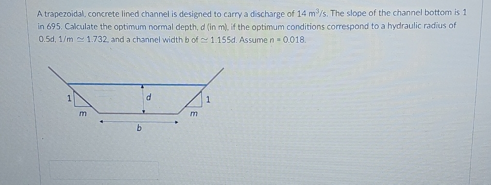 Solved A trapezoidal, concrete lined channel is designed to | Chegg.com