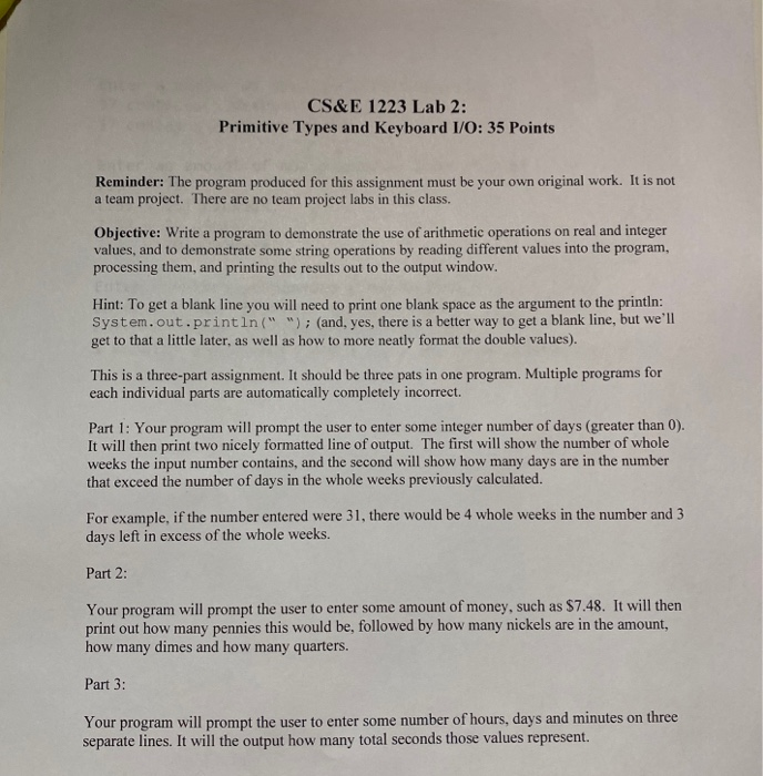 Solved CS&E 1223 Lab 2: Primitive Types and Keyboard I/O: 35 | Chegg.com