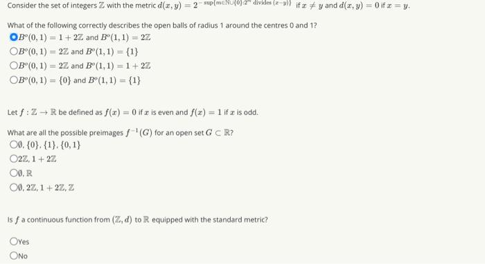 Solved Consider the set of integers Z with the metric | Chegg.com