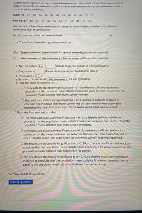 Solved Domen score higher on average compared to women on | Chegg.com