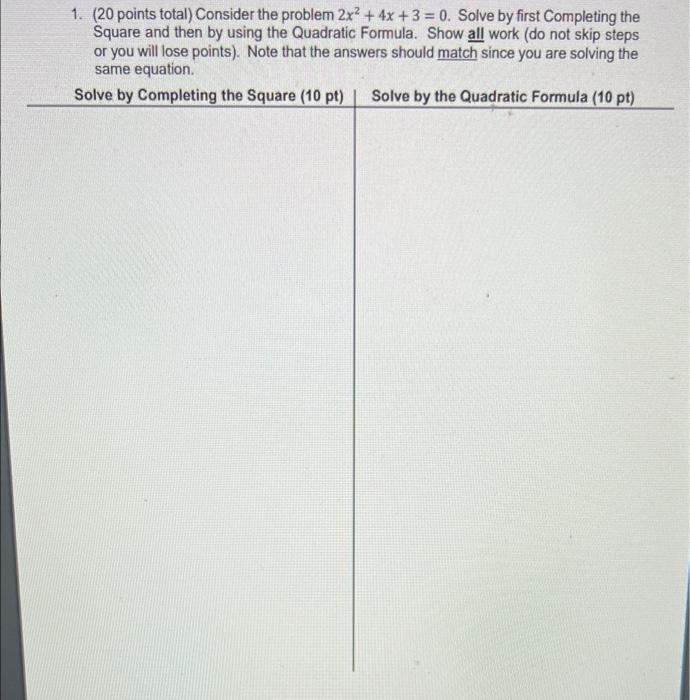 Solved 1. (20 points total) Consider the problem 2x2+4x+3=0. | Chegg.com
