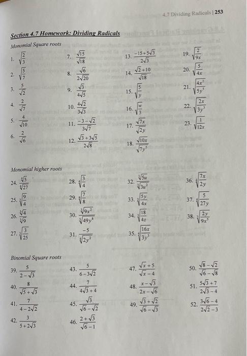 Solved Section 4.7 Homework: Dividing Radicals Monomial | Chegg.com