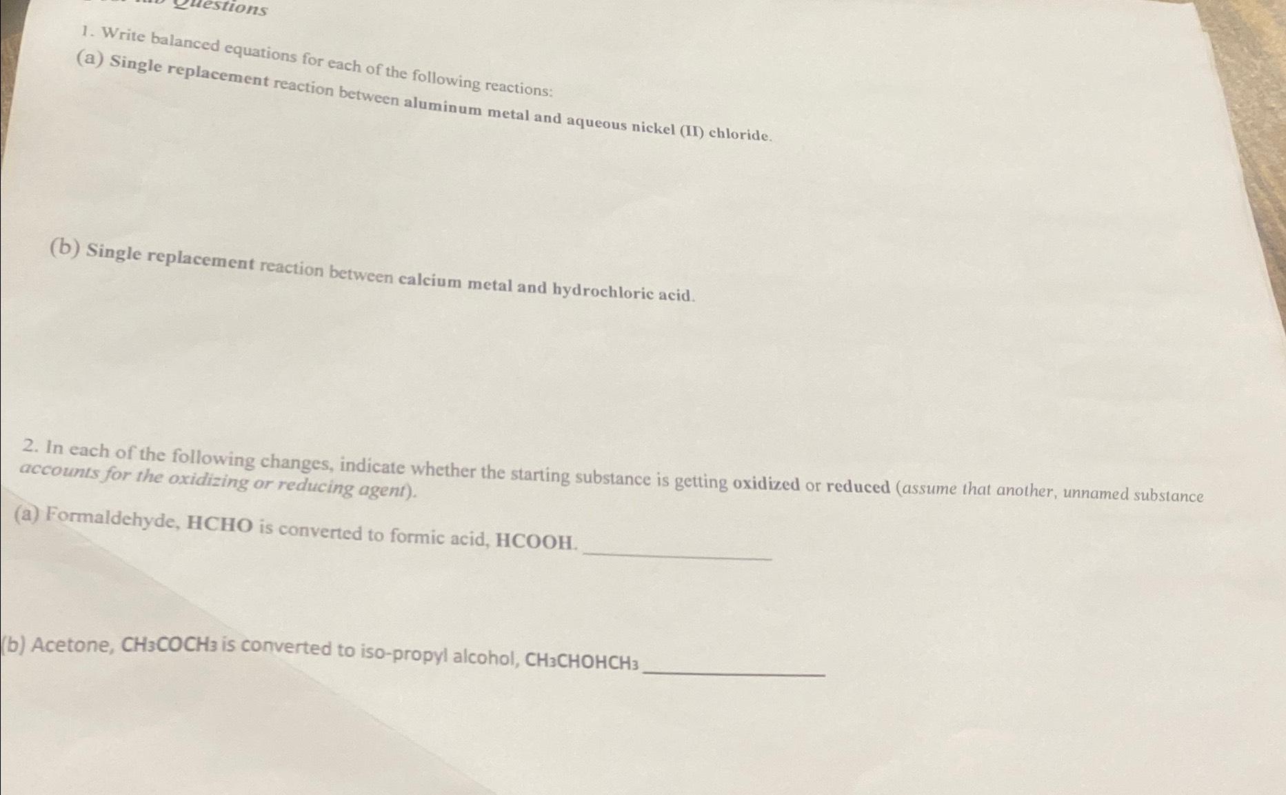 Solved Write Balanced Equations For Each Of The Following