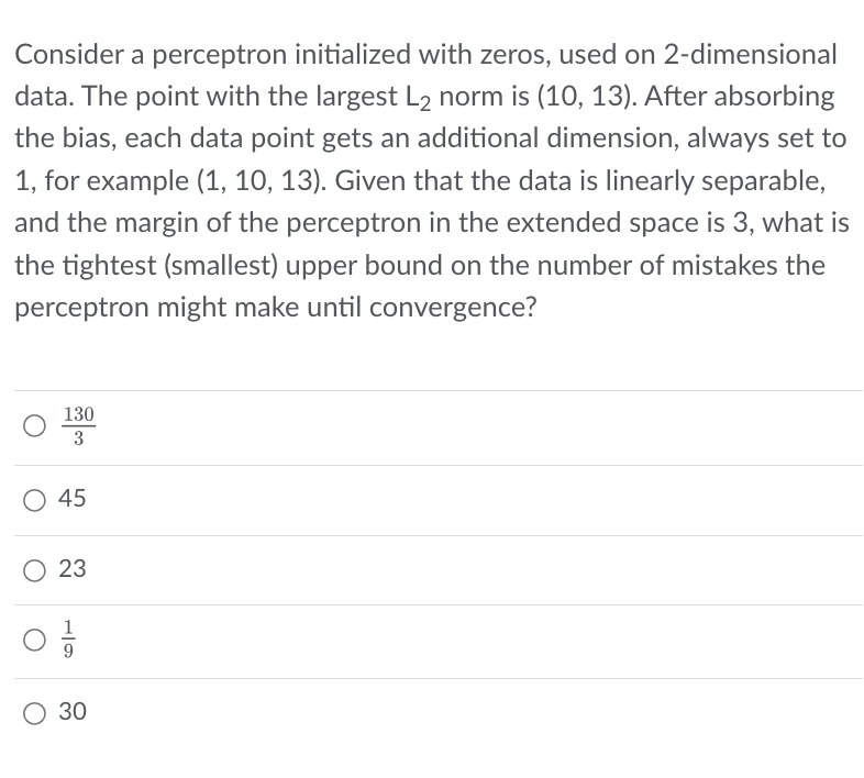 Solved Consider a perceptron initialized with zeros, used on | Chegg.com