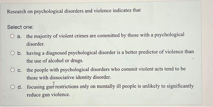 Solved Research on psychological disorders and violence | Chegg.com