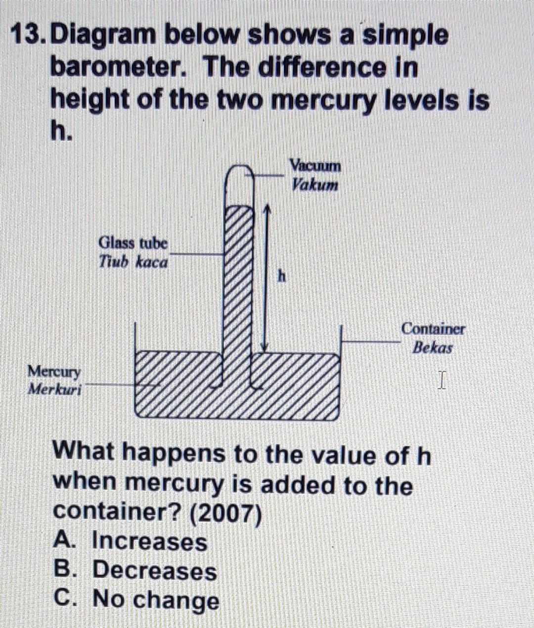 Solved 13. Diagram below shows a simple barometer. The | Chegg.com