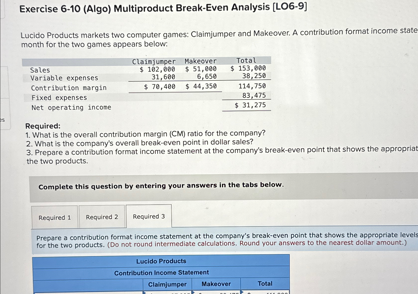 Solved Exercise 6-10 (Algo) ﻿Multiproduct Break-Even | Chegg.com