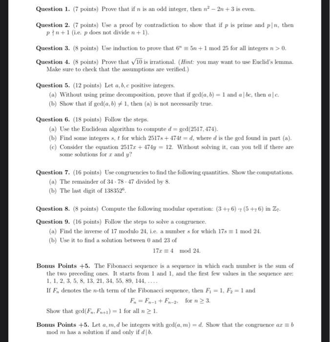 Solved Question 1. (7 points) Prove that if n is an odd | Chegg.com Solved Question 1. (7 points) Prove that if n is an odd | Chegg.com