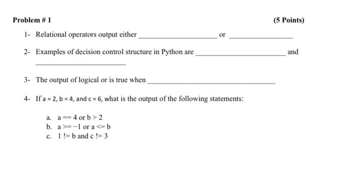 Solved Problem \# 1 (5 Points) 1- Relational operators | Chegg.com