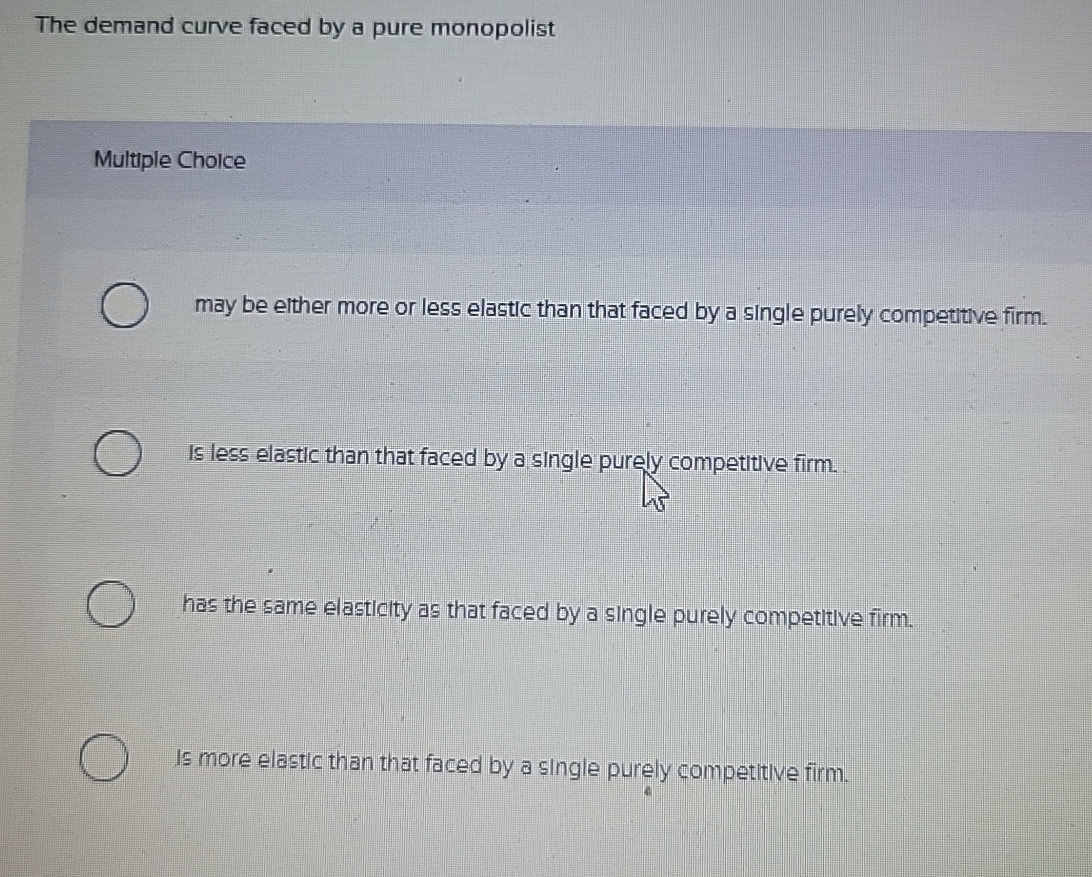 Solved The demand curve faced by a pure monopolistMultiple | Chegg.com
