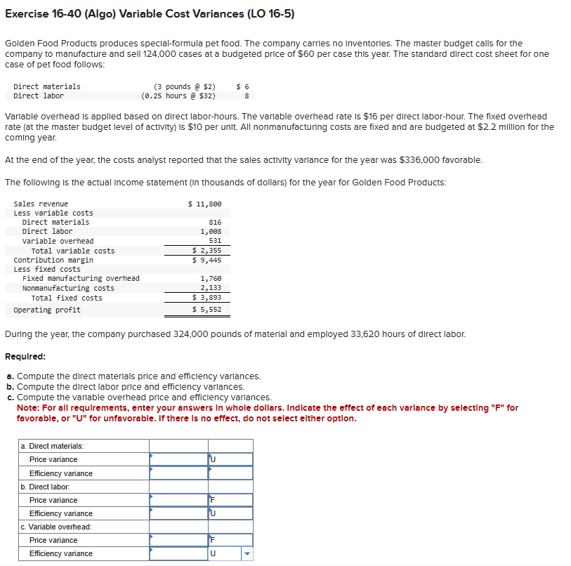 Solved Exercise 16-40 (Algo) ﻿Variable Cost Variances (LO | Chegg.com