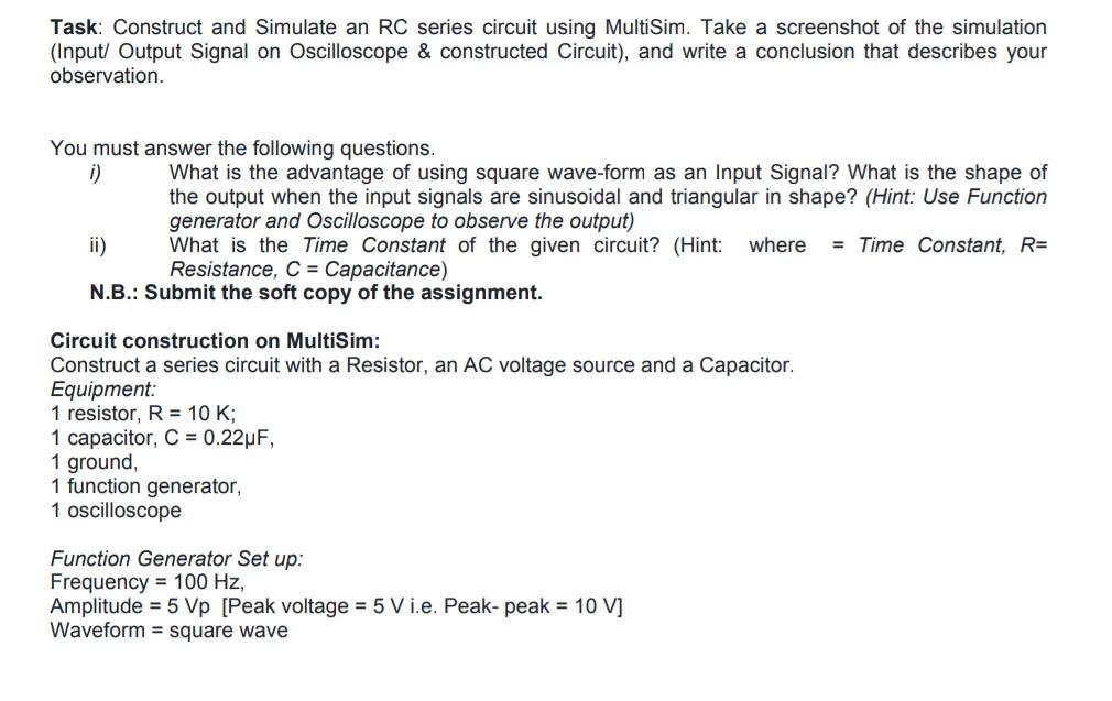 Solved Task: Construct and Simulate an RC series circuit | Chegg.com
