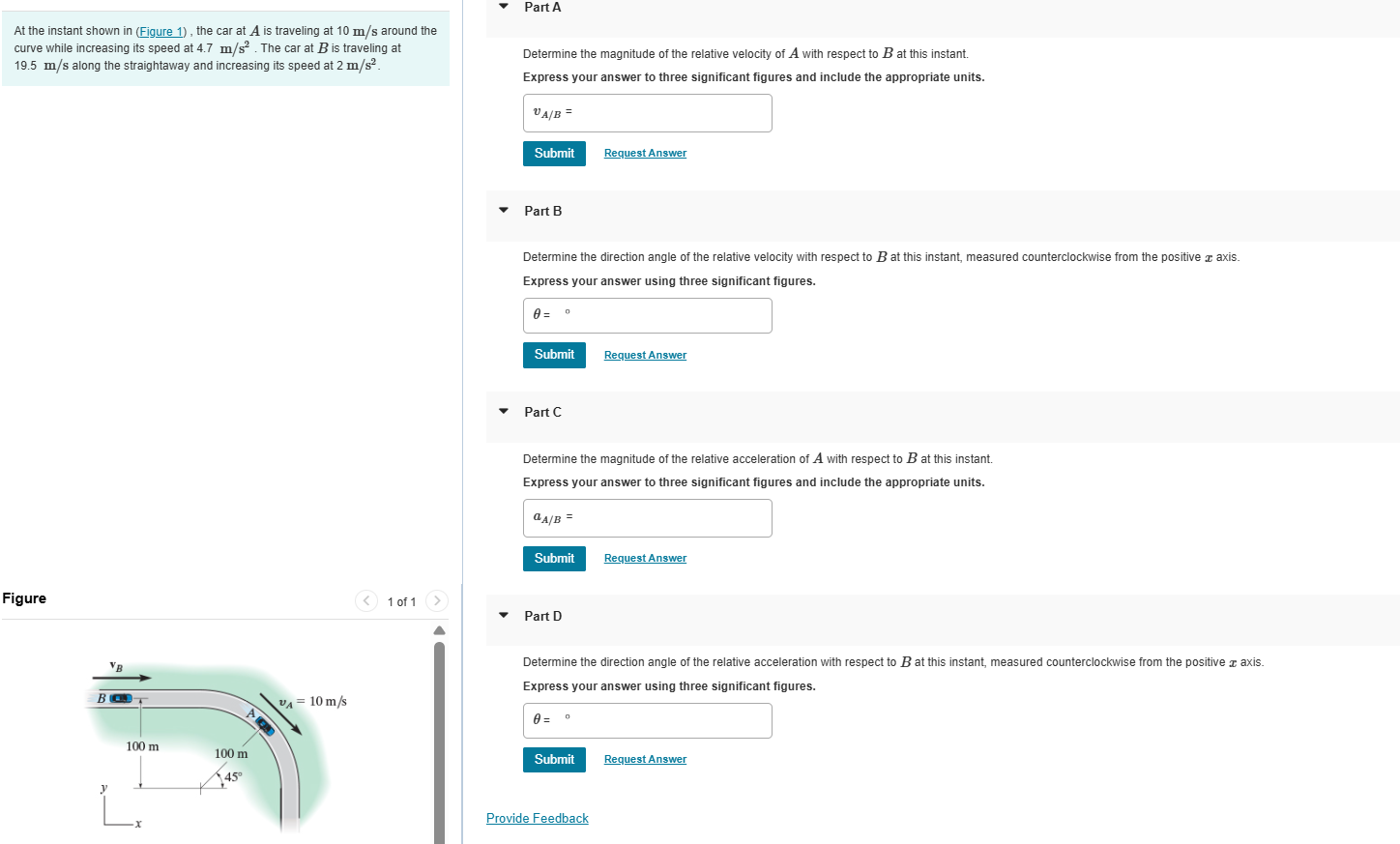 Solved At the instant shown in (Figure 1), ﻿the car at \( ﻿A | Chegg.com