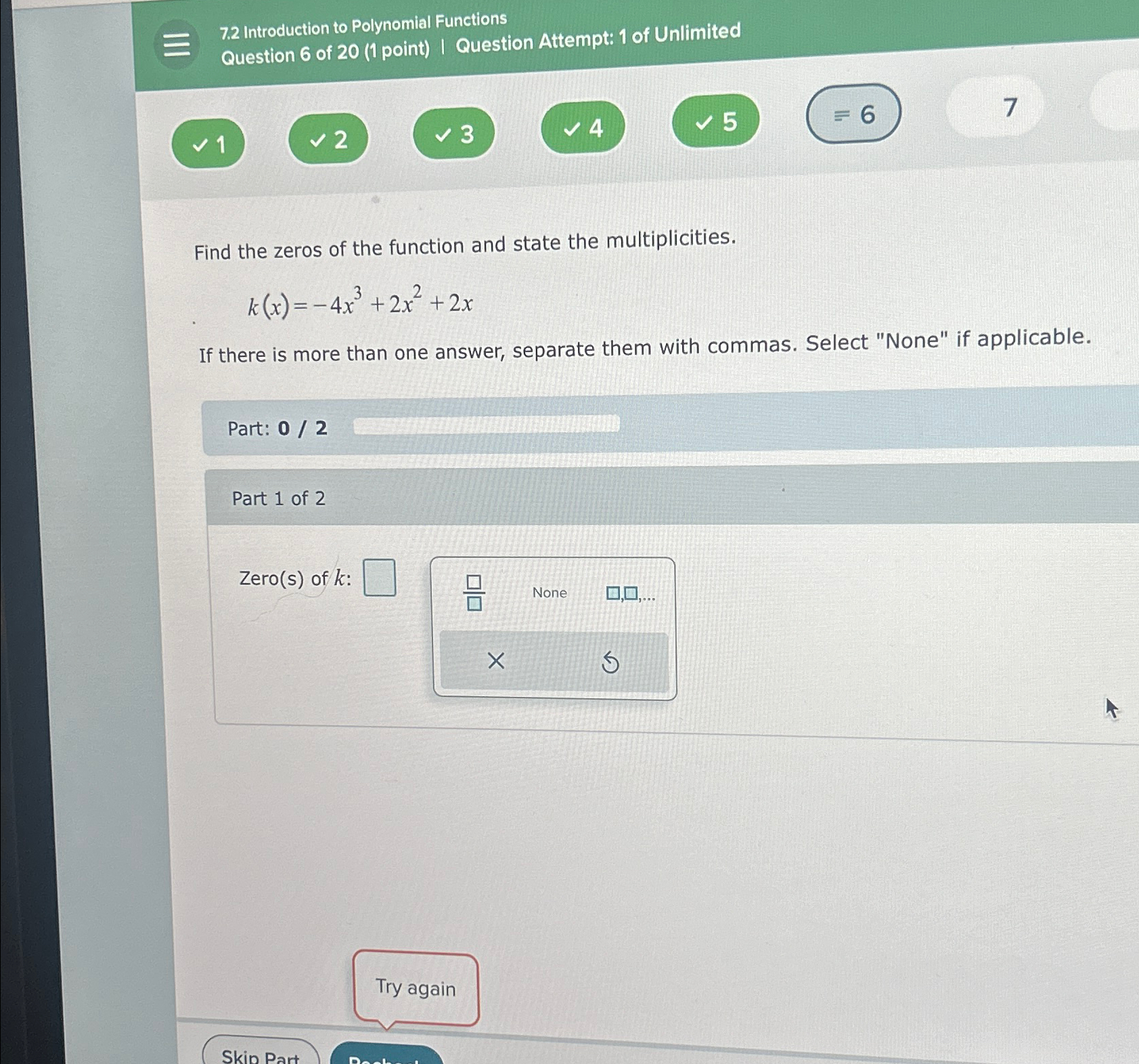 Solved 7.2 ﻿Introduction to Polynomial FunctionsQuestion 6 | Chegg.com
