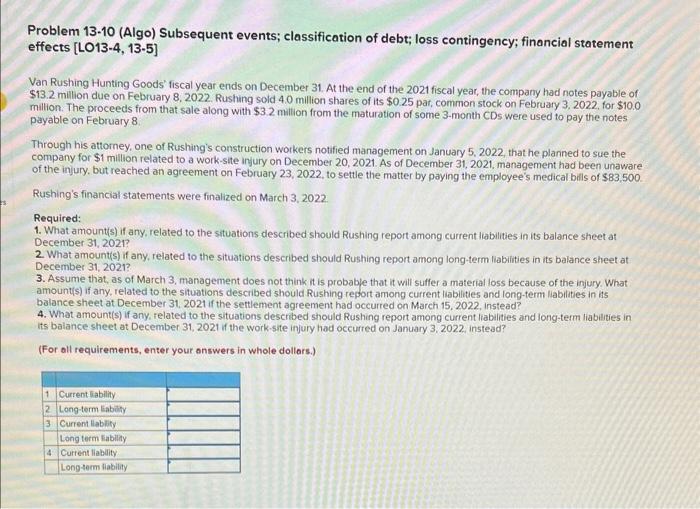 Solved Problem 13-10 (Algo) Subsequent events; | Chegg.com