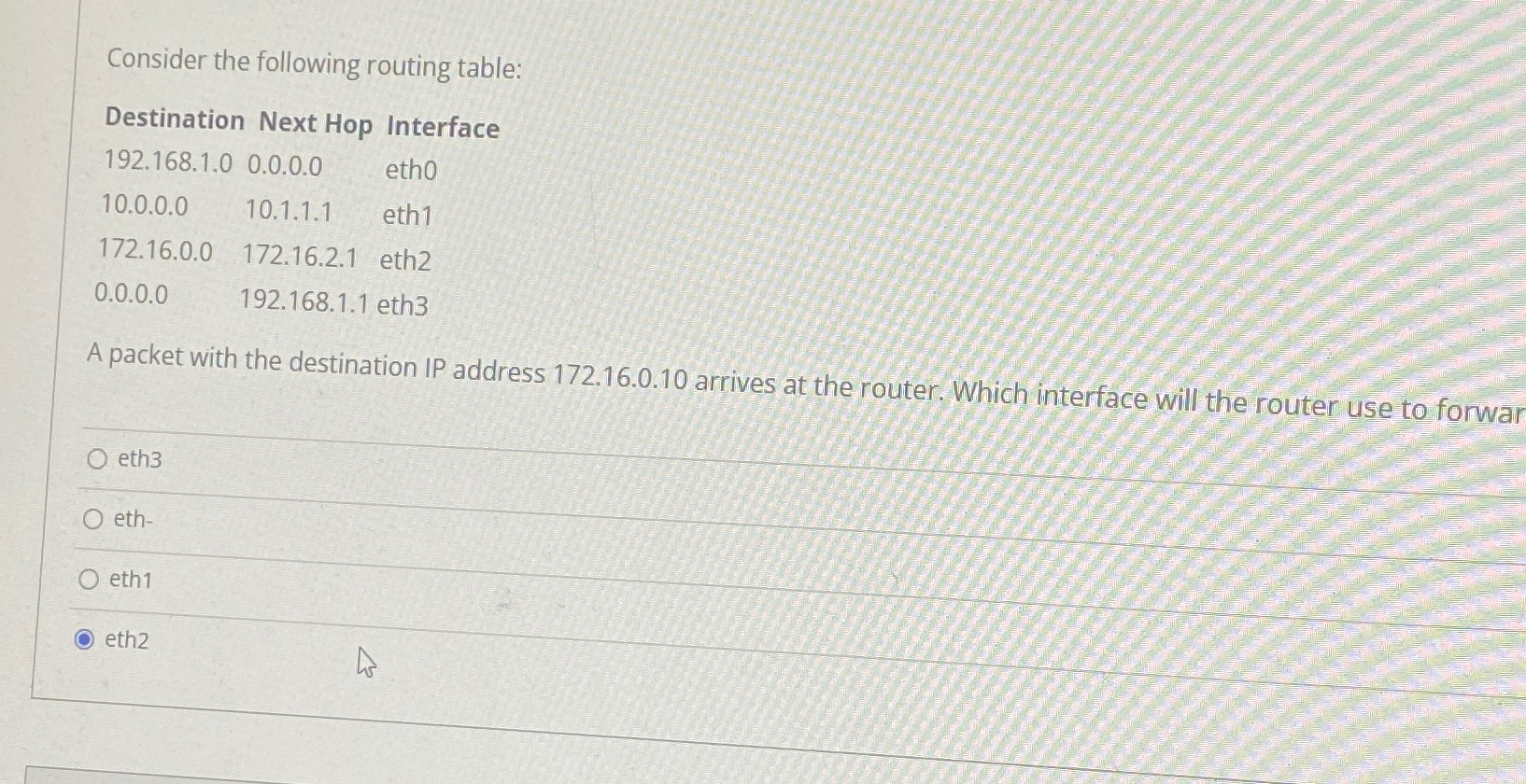 Solved Consider the following routing table:Destination Next | Chegg.com