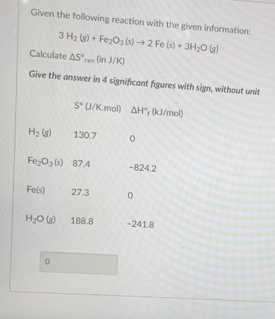 Solved Given the following reaction with the given | Chegg.com