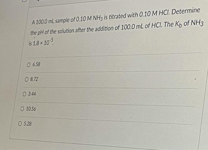 Solved A 100.0 mL sample of 0.10 M NH3 is titrated with 0.10 | Chegg.com