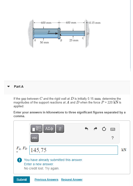 Solved Part AIf the gap between C ﻿and the rigid wall at D | Chegg.com