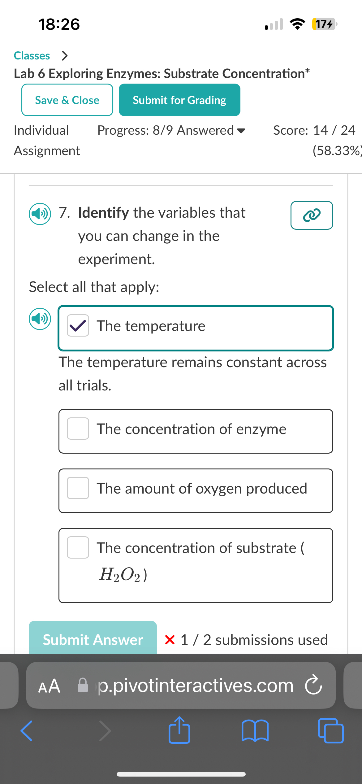 Solved 18:26174ClassesLab 6 ﻿Exploring Enzymes: Substrate | Chegg.com
