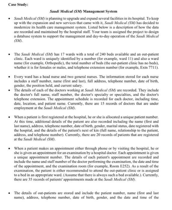 Solved Case Study: Saudi Medical (SM) Management System - | Chegg.com