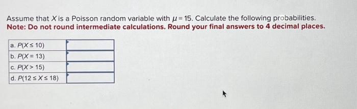 Solved Assume that X is a Poisson random variable with u 15. | Chegg.com