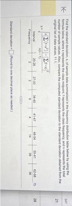 Solved Find the standard deviation, s, of sample data | Chegg.com