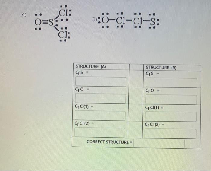Solved A) O=S p:ö-C1-ci-s: CI: STRUCTURE (B) STRUCTURE (A) | Chegg.com