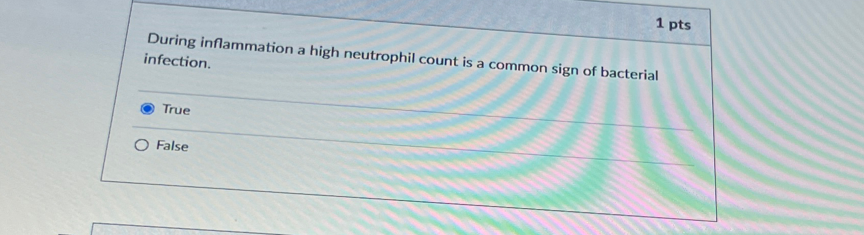 Solved 1 ﻿ptsDuring inflammation a high neutrophil count is | Chegg.com