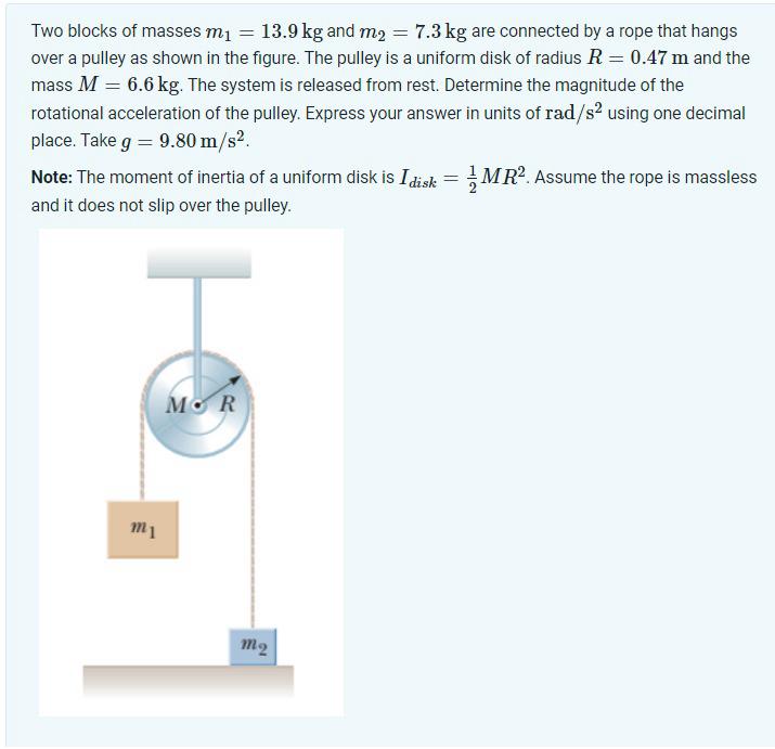 Solved Two blocks of masses m1=13.9kg ﻿and m2=7.3kg ﻿are | Chegg.com