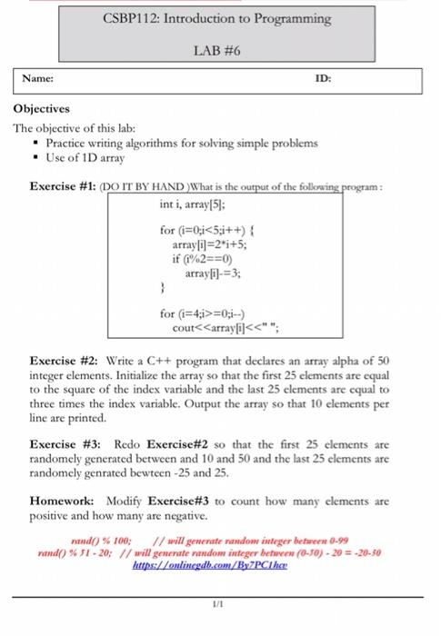 Solved CSBP112: Introduction to Programming LAB #6 Name: ID: | Chegg.com