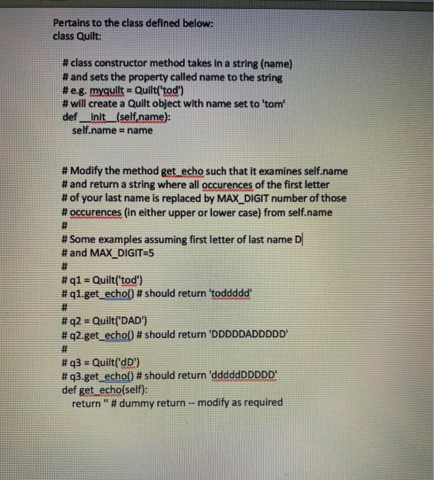 Solved Pertains To The Class Defined Below Class Quilt