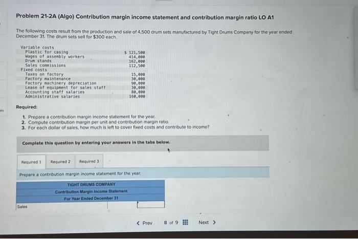 Solved Problem 21-2A (Algo) Contribution margin income | Chegg.com
