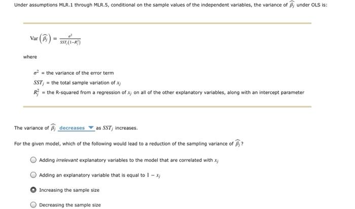 Solved Under assumptions MLR.1 through MLR.5, conditional on | Chegg.com