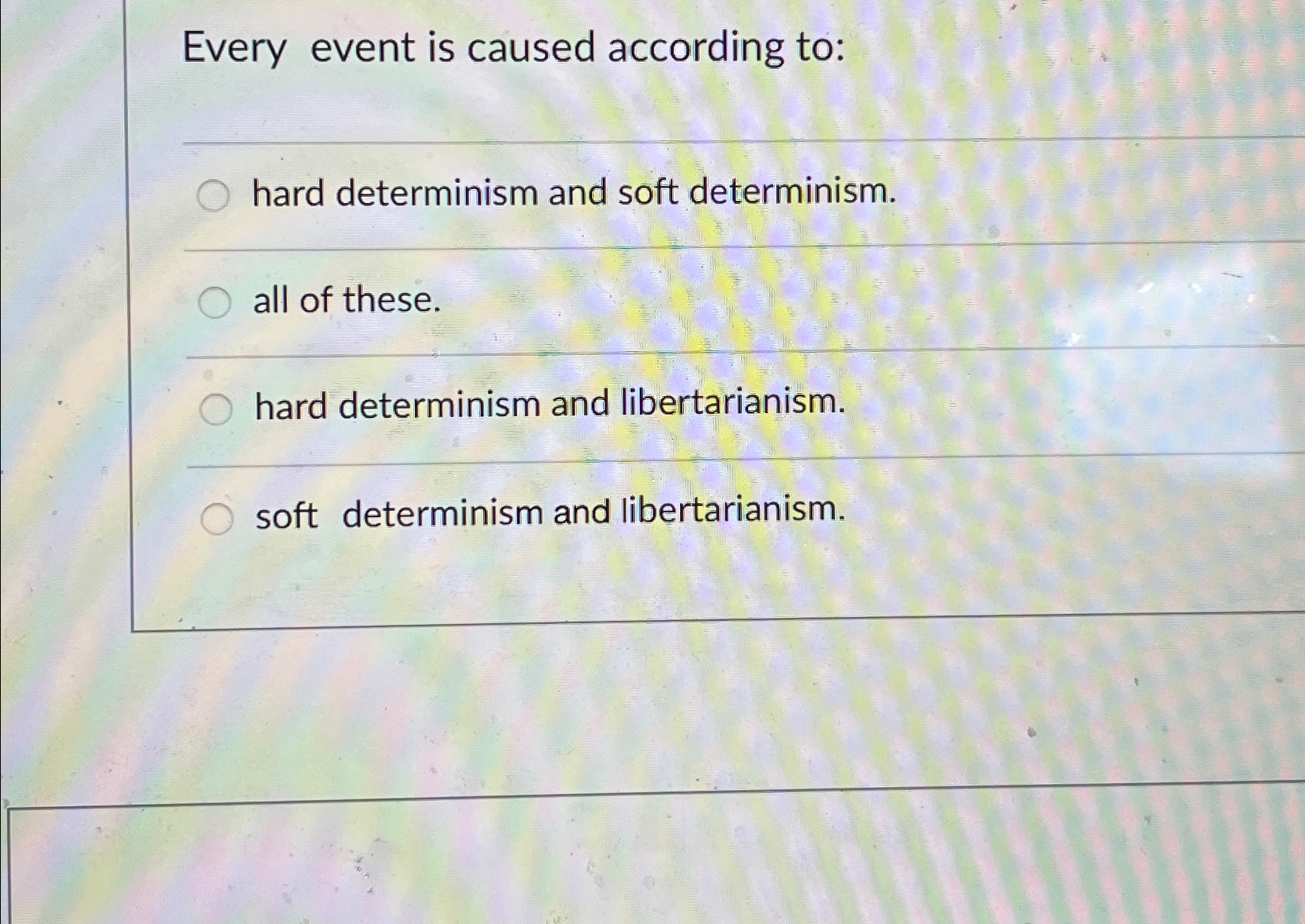 Solved Every event is caused according to:q,hard determinism | Chegg.com