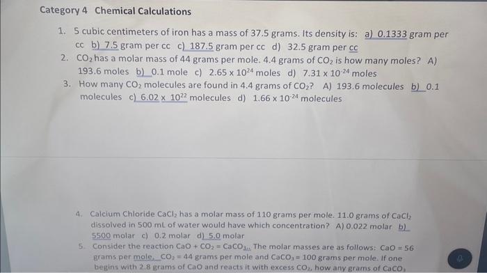 Solved Category 4 Chemical Calculations 1. 5 cubic | Chegg.com