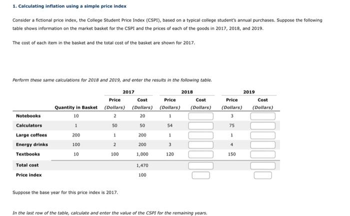 Solved 1. Calculating inflation using a simple price index | Chegg.com