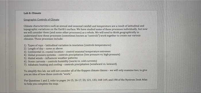 Solved Lab 8: Climate Geographic Controls of Climate Climate | Chegg.com