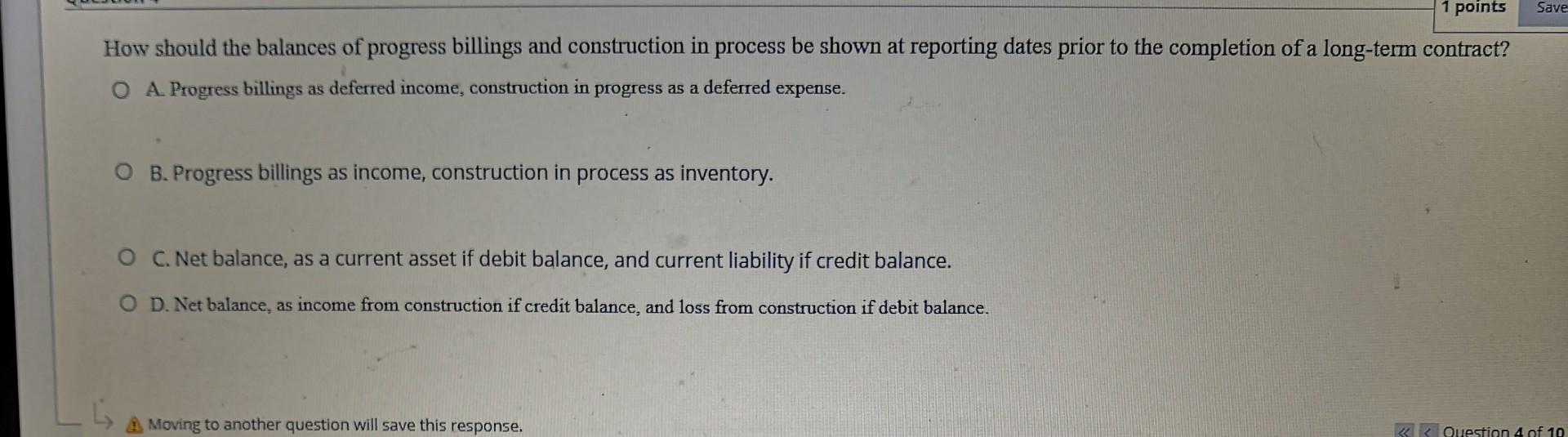 Solved 1 points Save How should the balances of progress | Chegg.com