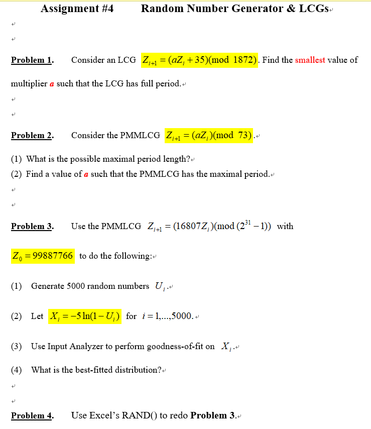 Solved Assignment #4Random Number Generator & LCGsProblem 1. | Chegg.com