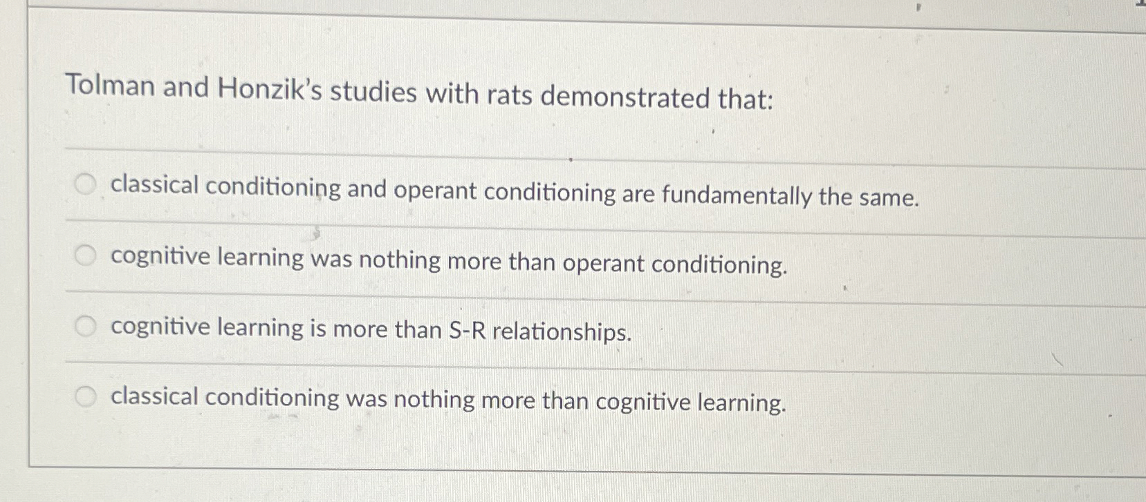 Solved Tolman and Honzik's studies with rats demonstrated | Chegg.com