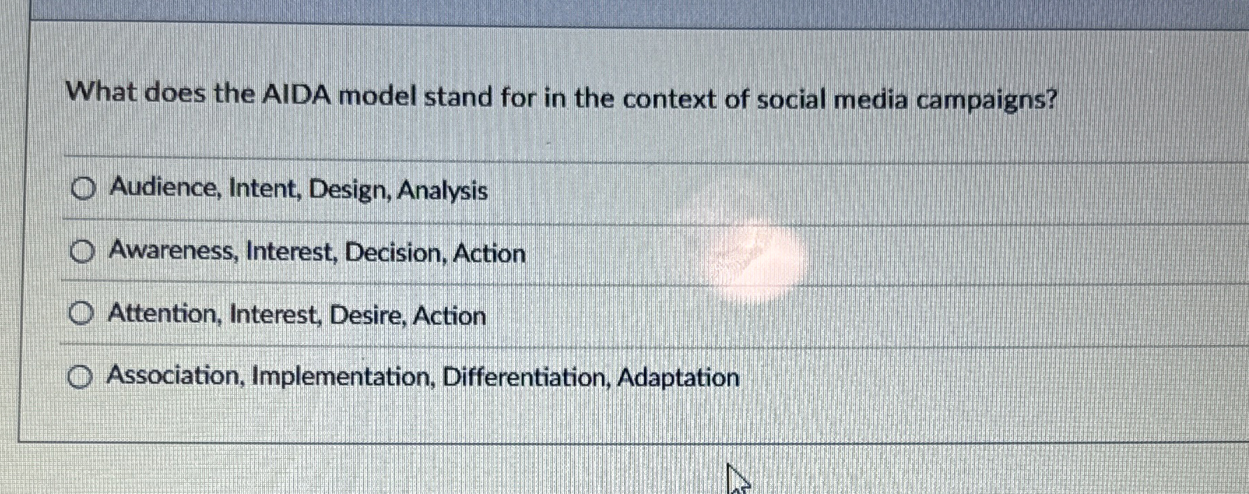 Solved What does the AIDA model stand for in the context of | Chegg.com