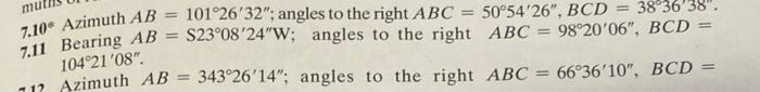Solved 7.10* Azimuth AB=101∘26′32′′; angles to the right | Chegg.com