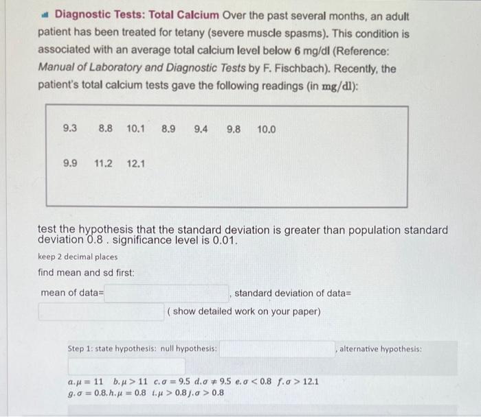 Solved Diagnostic Tests: Total CalciumOver the past several | Chegg.com