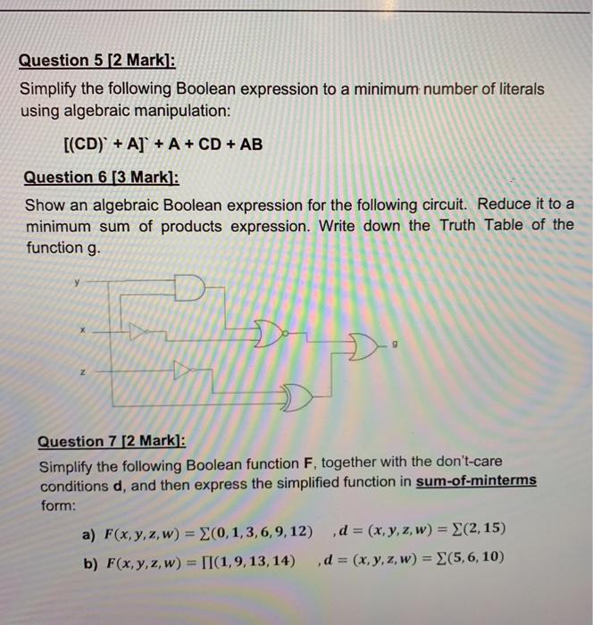 Solved Question 5 [2 Mark]: Simplify the following Boolean | Chegg.com