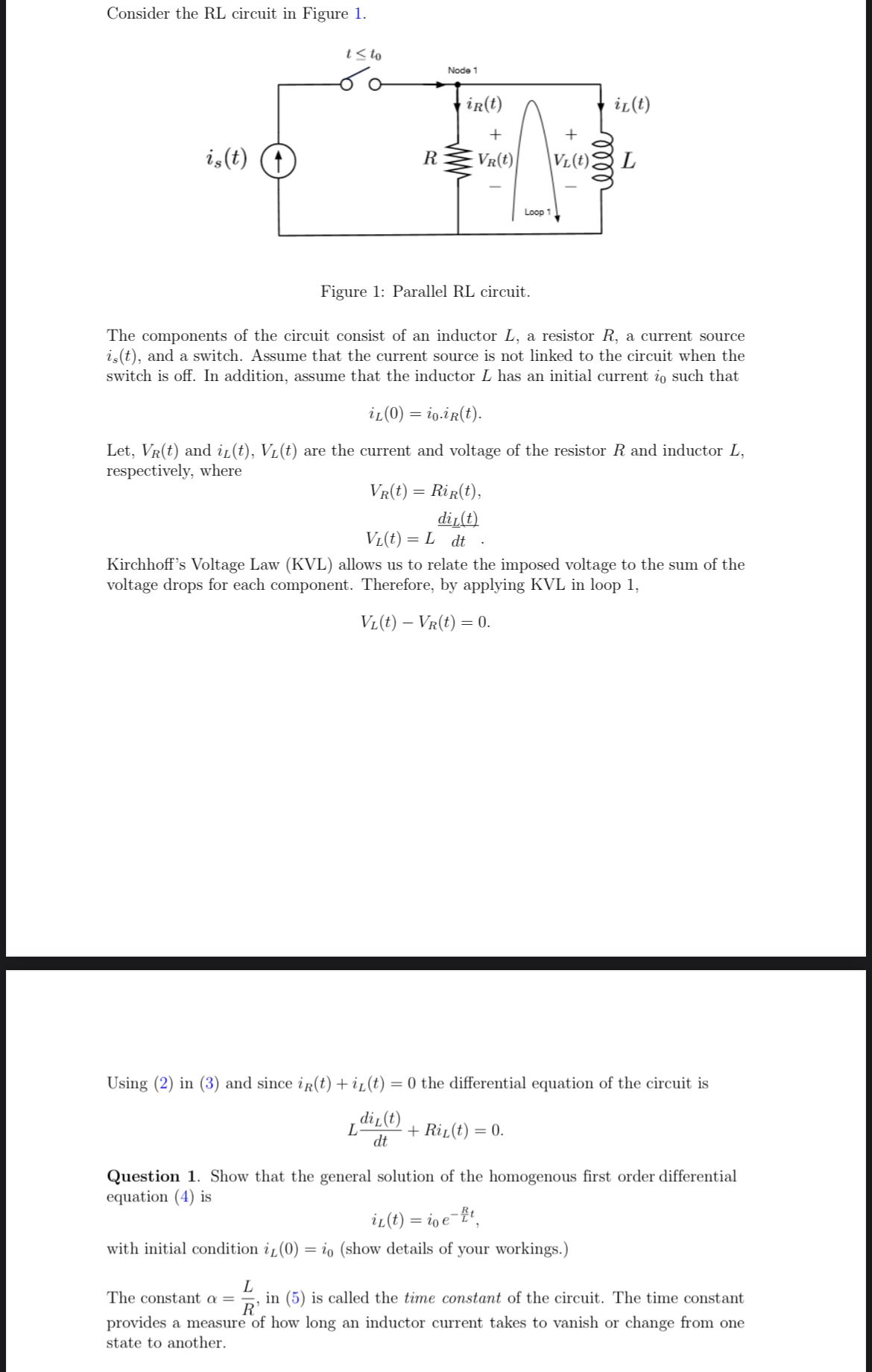 Solved Consider the RL circuit in Figure 1.Figure 1: | Chegg.com